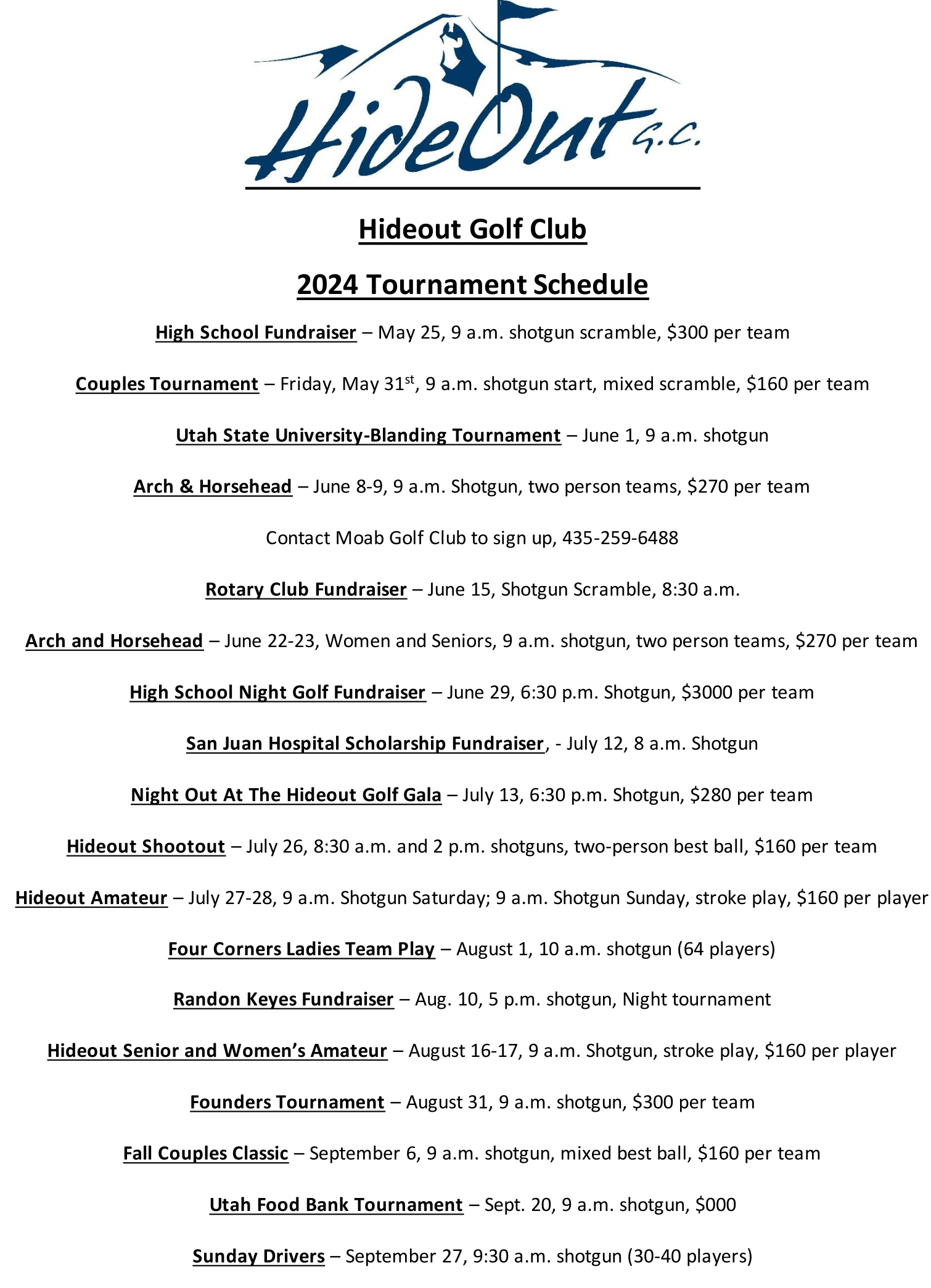 Calendar - Hideout Golf Course